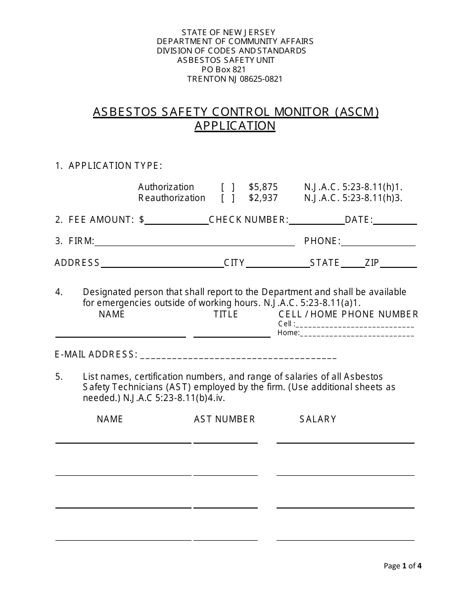 New Jersey Asbestos Safety Control Monitor (Ascm) Application - Fill ...