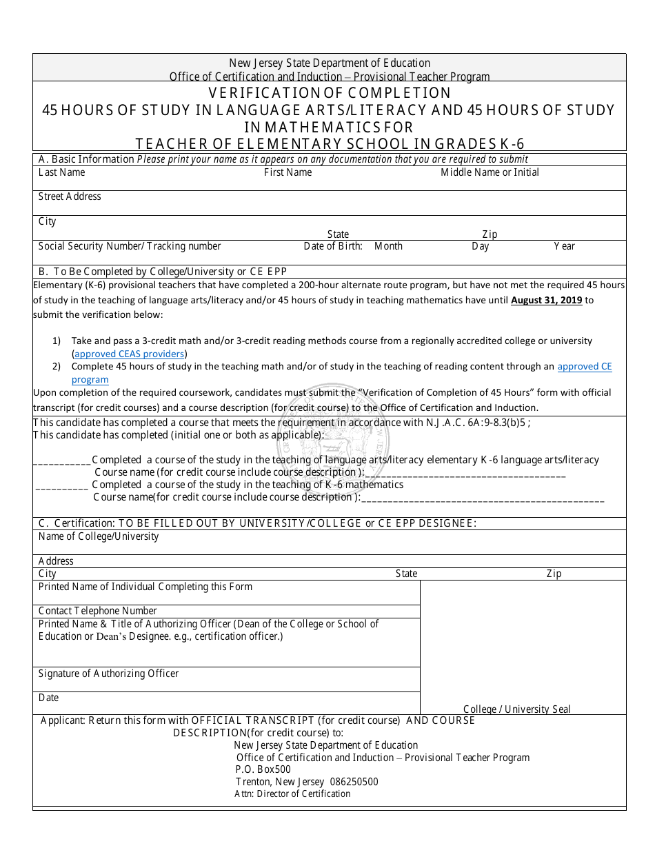 New Jersey Verification Of Completion 45 Hours Of Study In Language