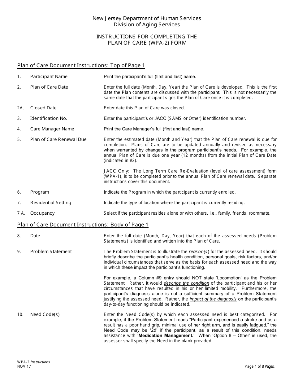 Download Instructions for Form WPA-2 Plan of Care PDF | Templateroller