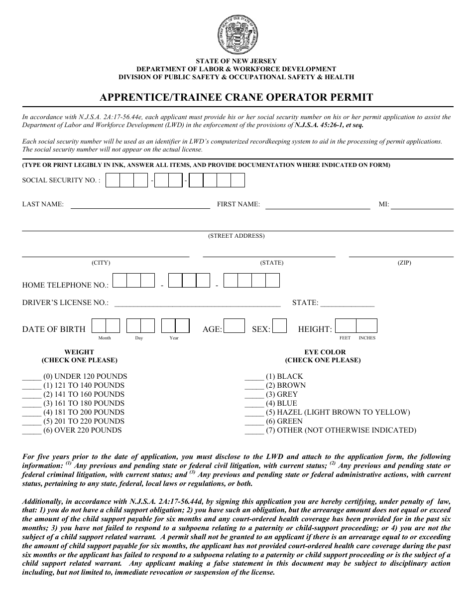New Jersey Apprentice/Trainee Crane Operator Permit - Fill Out, Sign ...