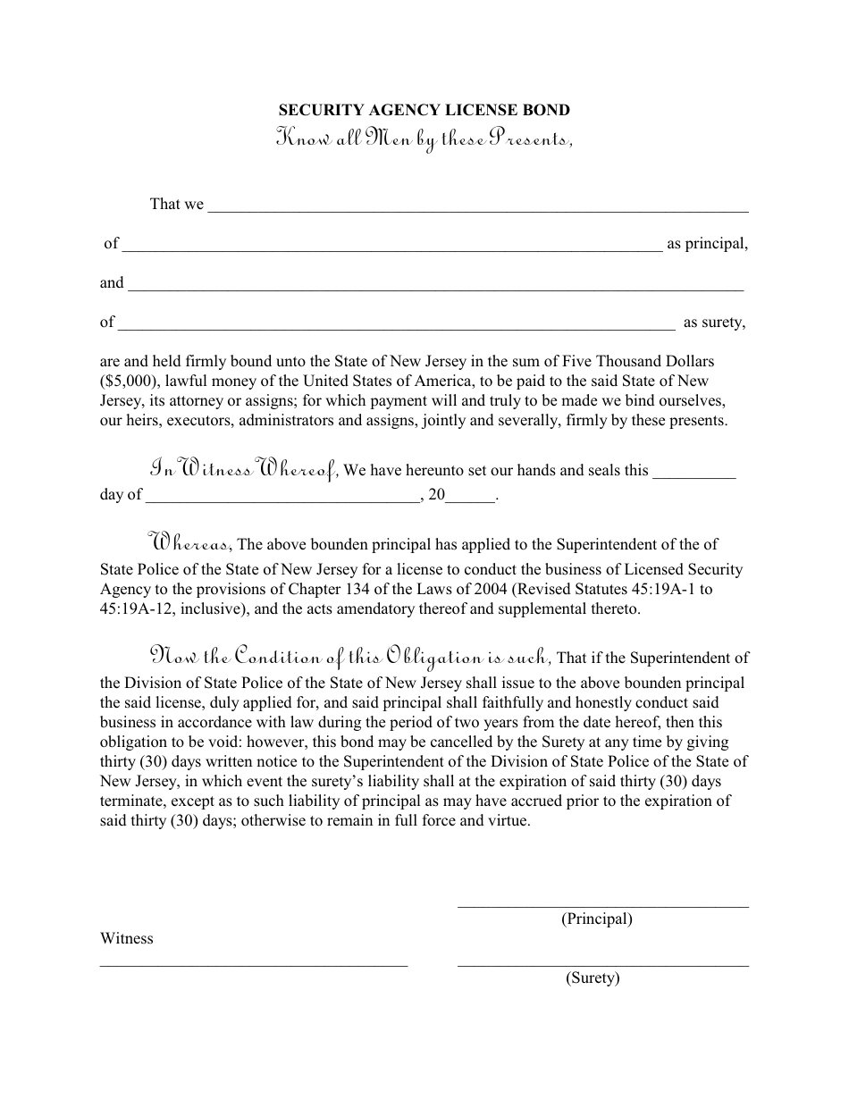 New Jersey Security Agency License Bond - Fill Out, Sign Online and ...