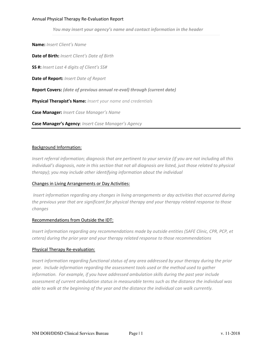 New Mexico Annual Physical Therapy Re-evaluation Report - Fill Out ...