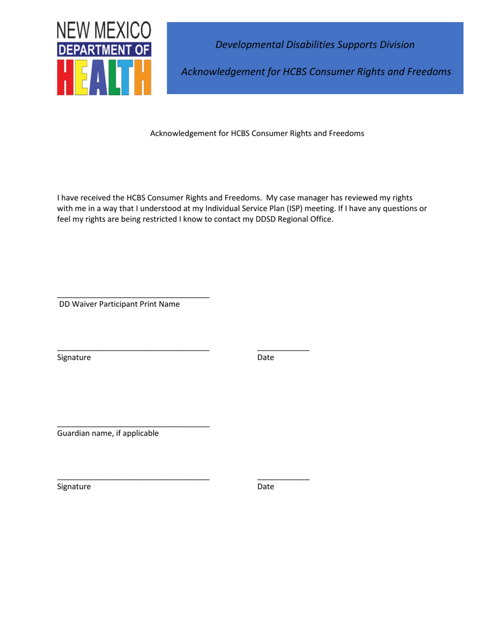 New Mexico Acknowledgement for Hcbs Consumer Rights and Freedoms - Fill ...
