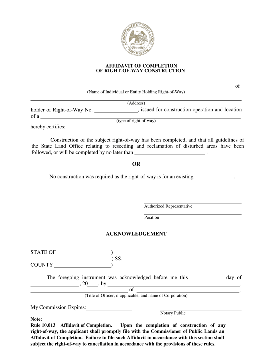 New Mexico Right-Of-Way Construction Affidavit of Completion - Fill Out ...