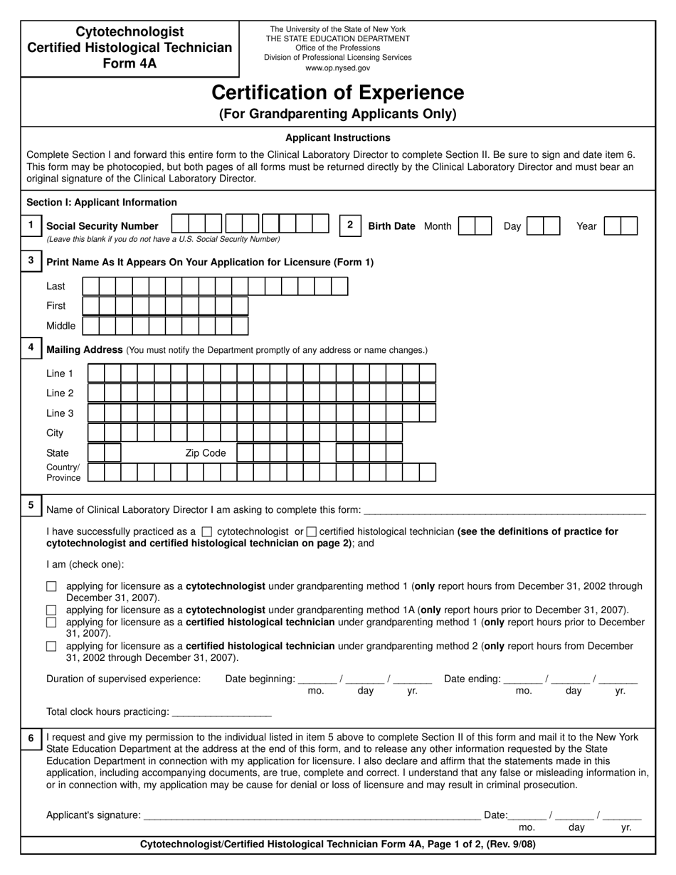 Cytotechnologist/Certified Histological Technician Form 4A - Fill Out ...
