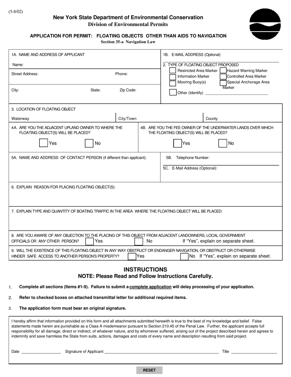 New York Application for Permit: Floating Objects Other Than AIDS to ...