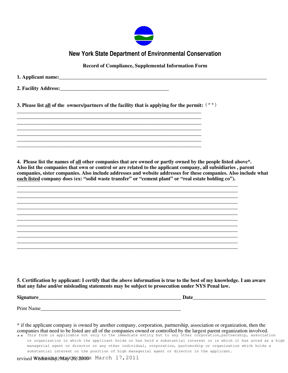 New York Record of Compliance, Supplemental Information Form - Fill Out ...