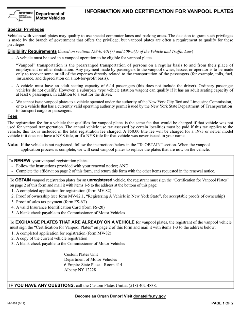 Form MV-109 - Fill Out, Sign Online and Download Fillable PDF, New York ...