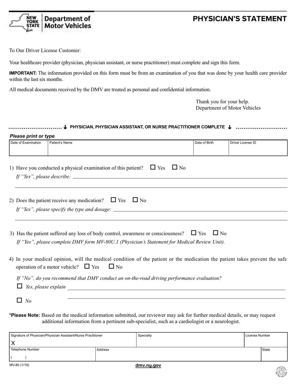 Form MV-80 Download Fillable PDF or Fill Online Physician's Statement ...