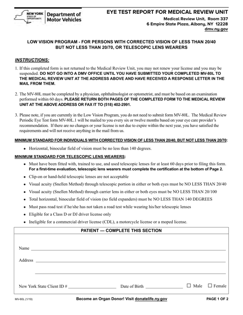 Form MV 80L Download Fillable PDF Or Fill Online Eye Test Report For 