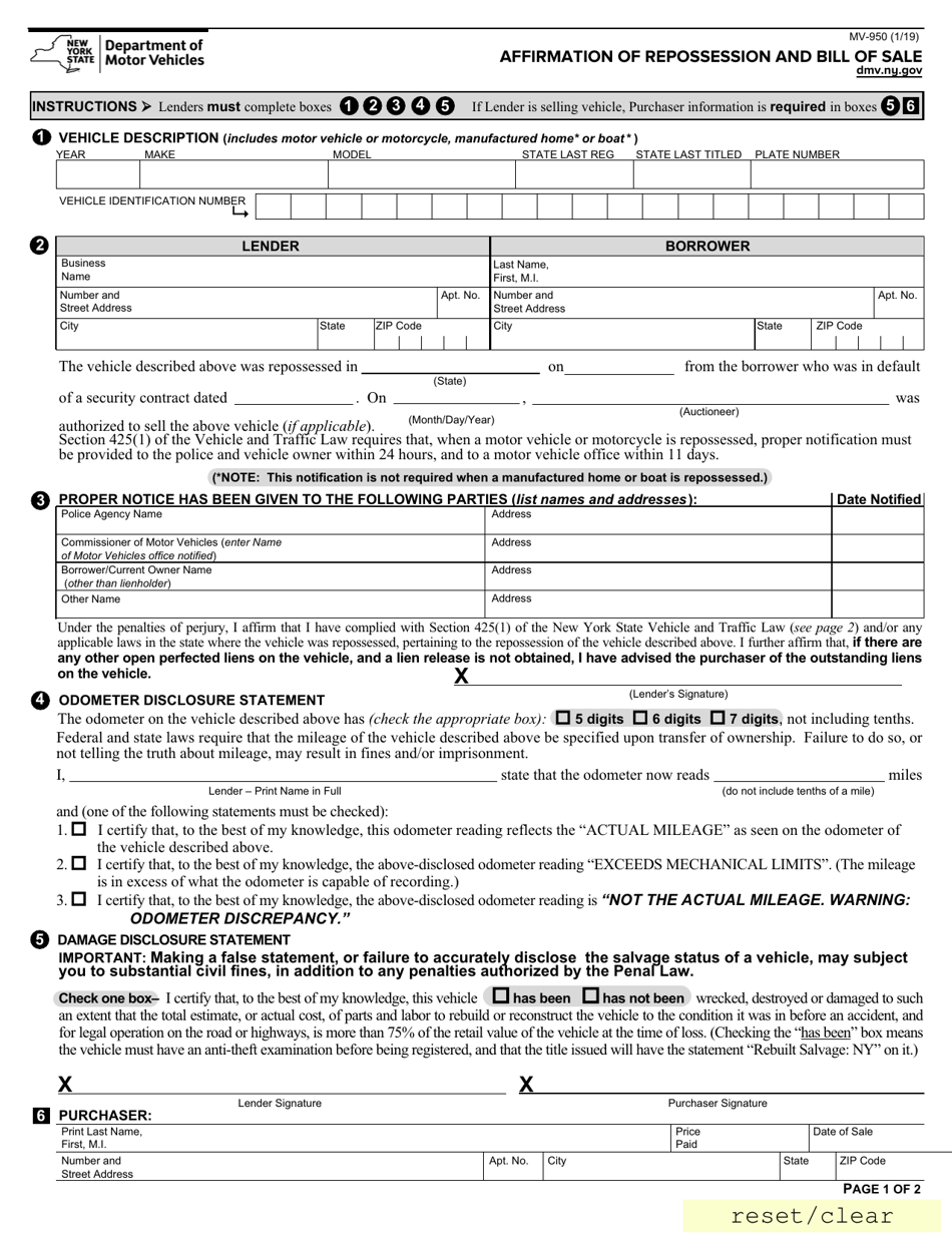 Form MV-950 Download Fillable PDF or Fill Online Affirmation of ...