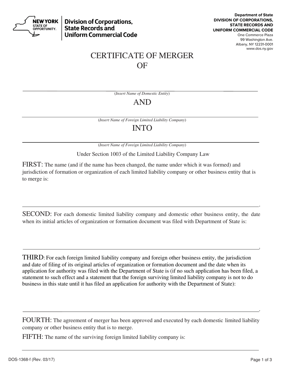 Form DOS-1368-F - Fill Out, Sign Online and Download Fillable PDF, New ...