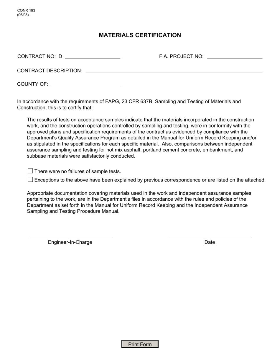 Form CONR193 - Fill Out, Sign Online and Download Fillable PDF, New ...