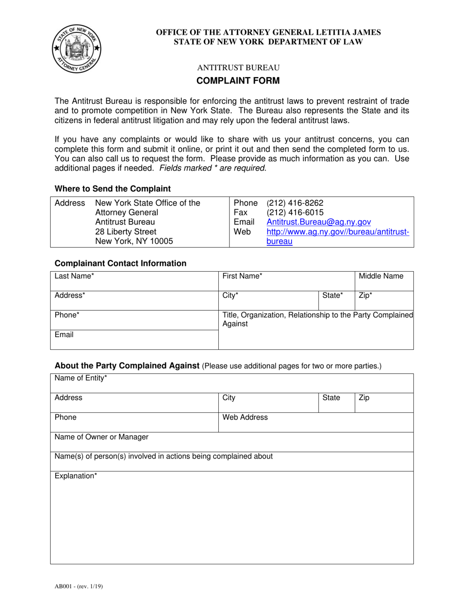 Form AB001 - Fill Out, Sign Online and Download Fillable PDF, New York ...