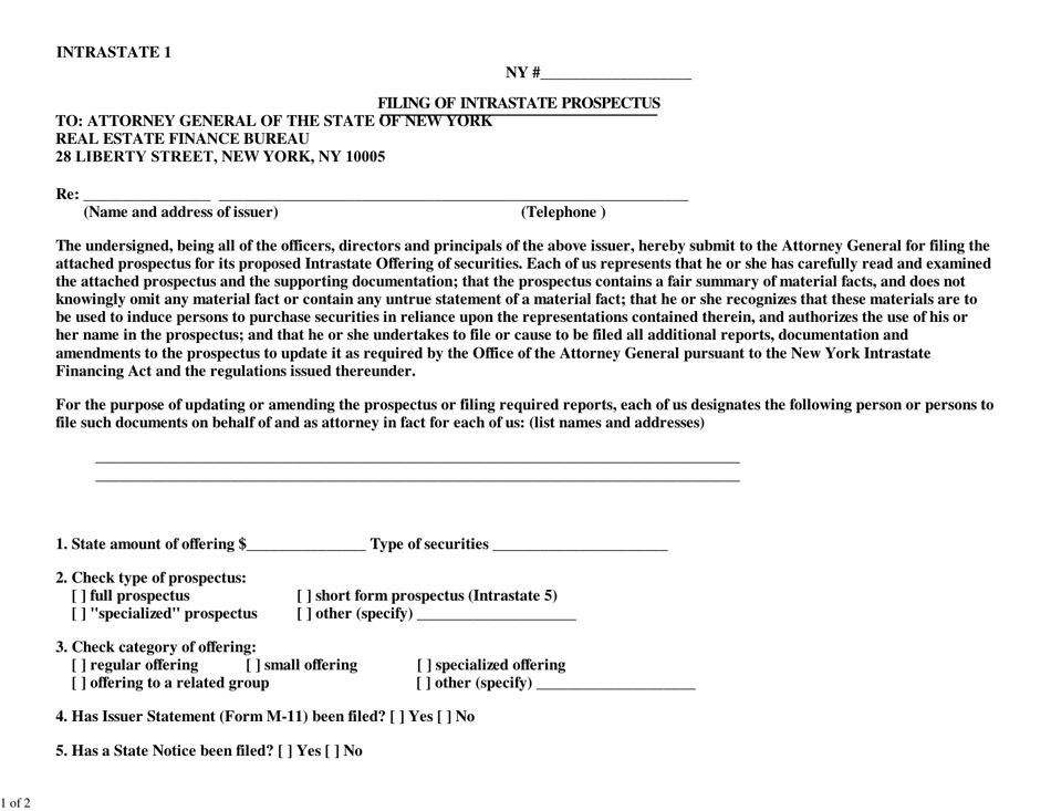 New York Intrastate 1: Filing of Intrastate Prospectus - Fill Out, Sign ...