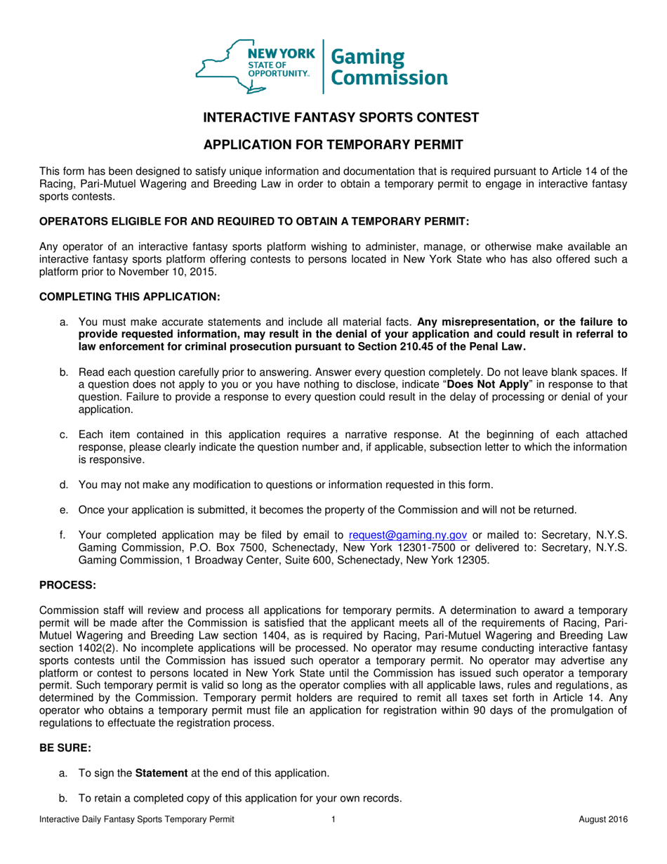 New York Interactive Fantasy Sports Contest Application for Temporary ...
