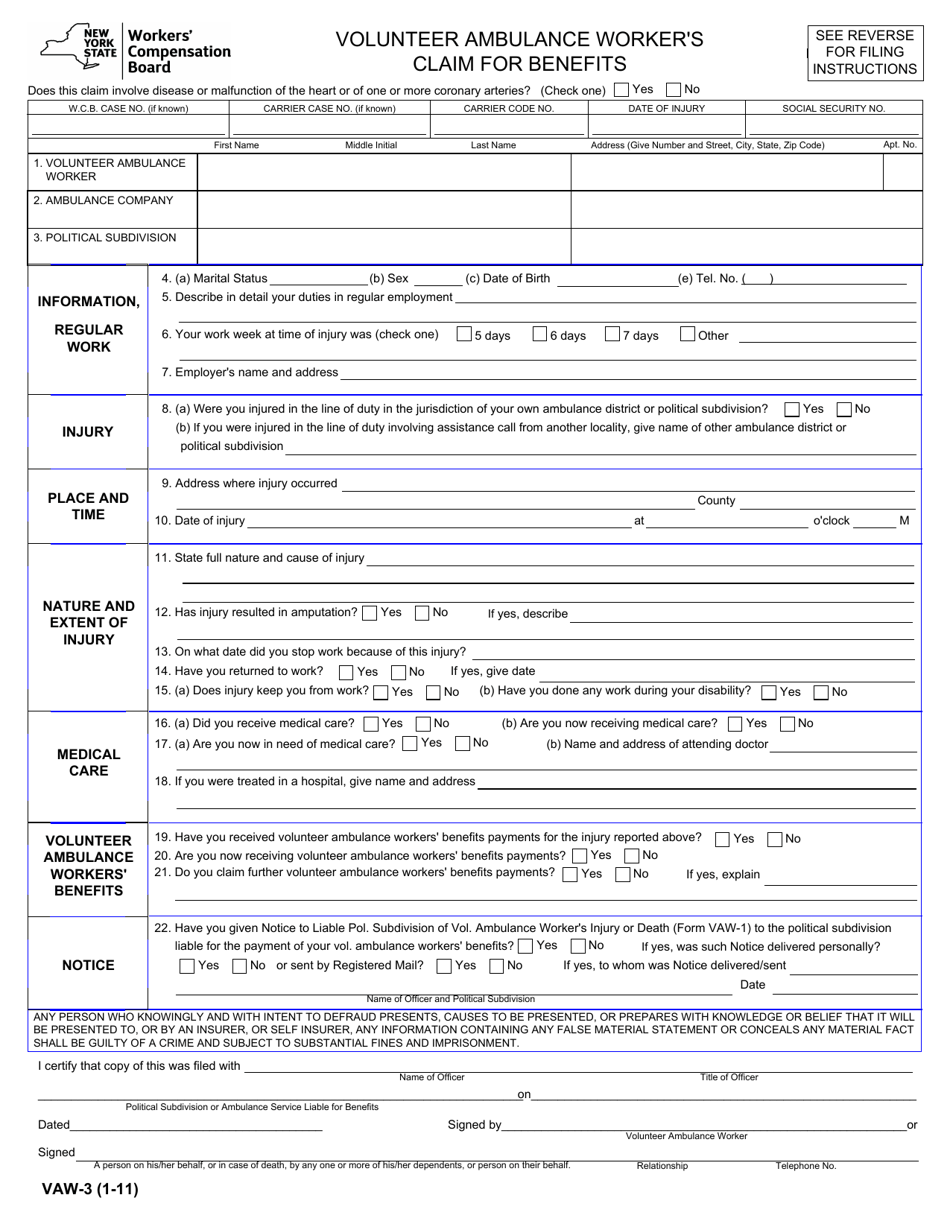 Form VAW-3 - Fill Out, Sign Online and Download Fillable PDF, New York ...