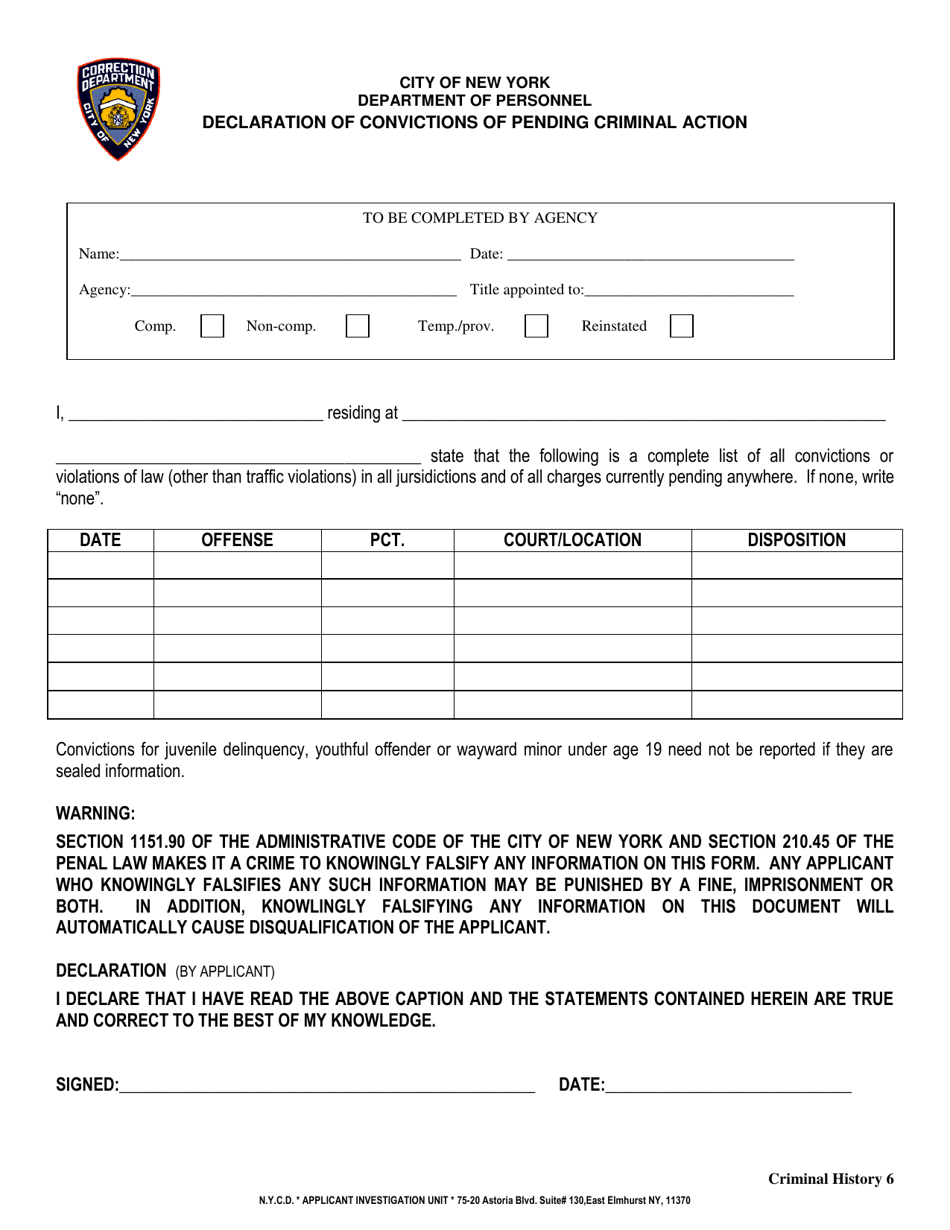 New York City Declaration of Convictions of Pending Criminal Action ...