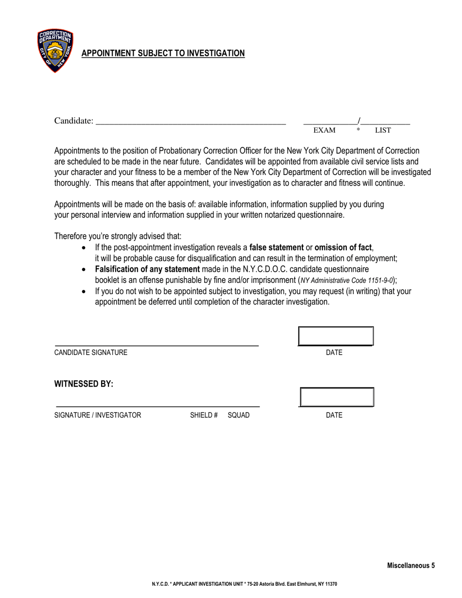 New York City Appointment Subject to Investigation Form (Miscellaneous ...