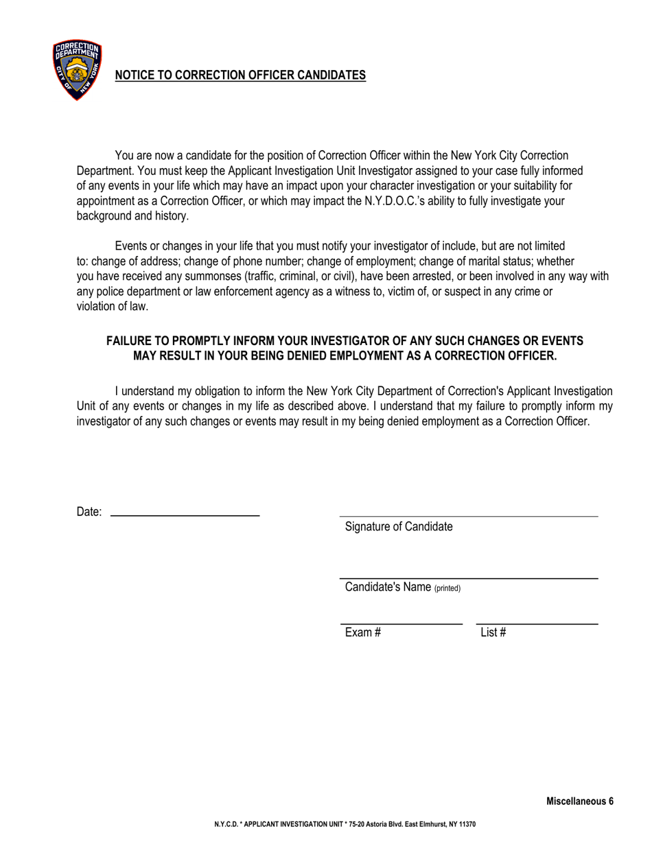 New York City Notice to Correction Officer Candidates Form ...