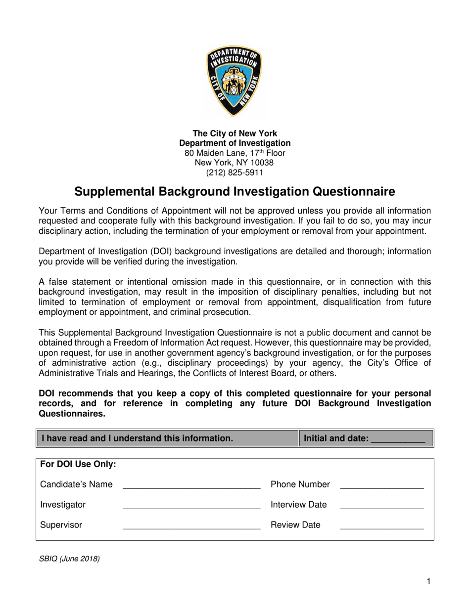 New York City Supplemental Background Investigation Questionnaire ...