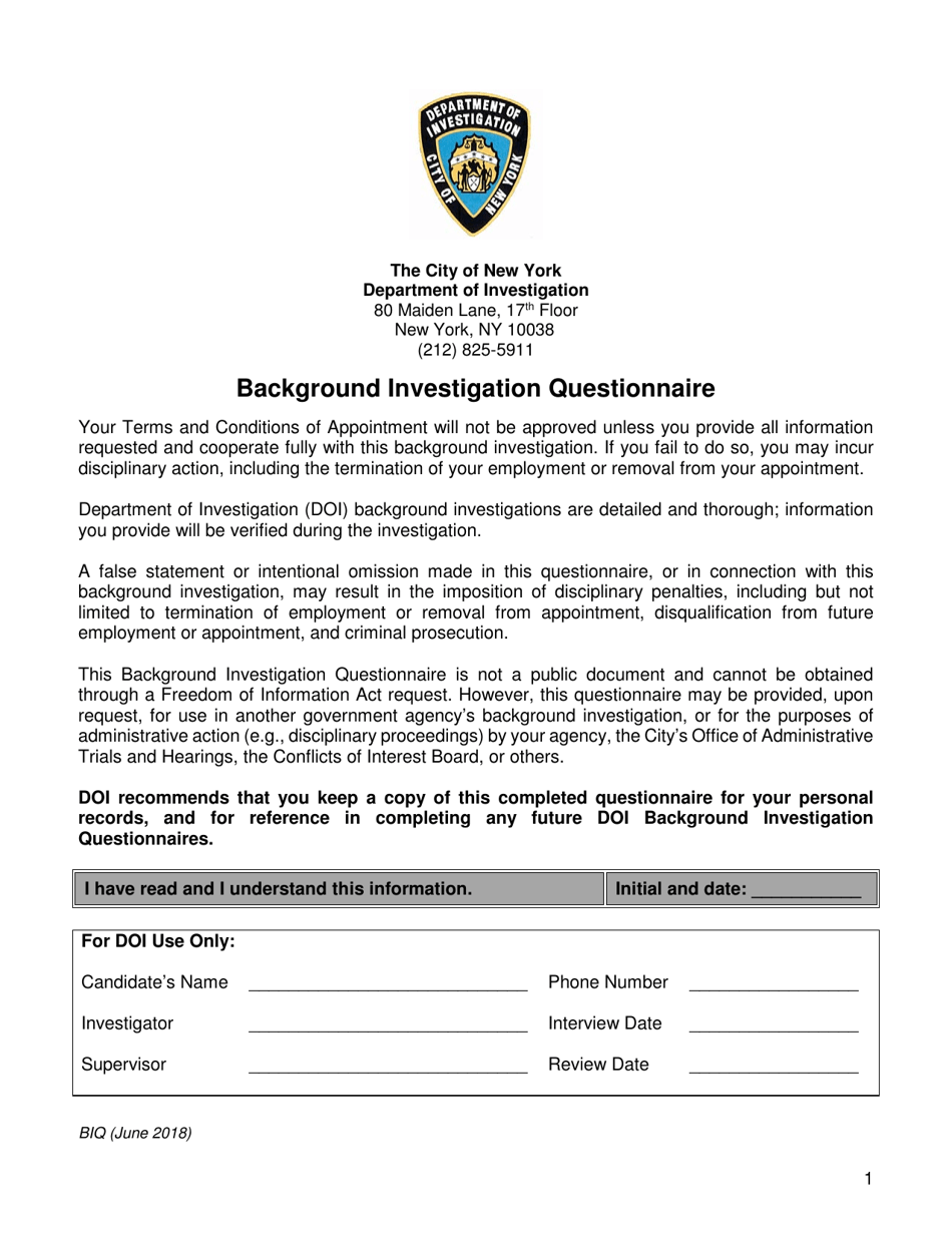 New York City Background Investigation Questionnaire Download Fillable ...
