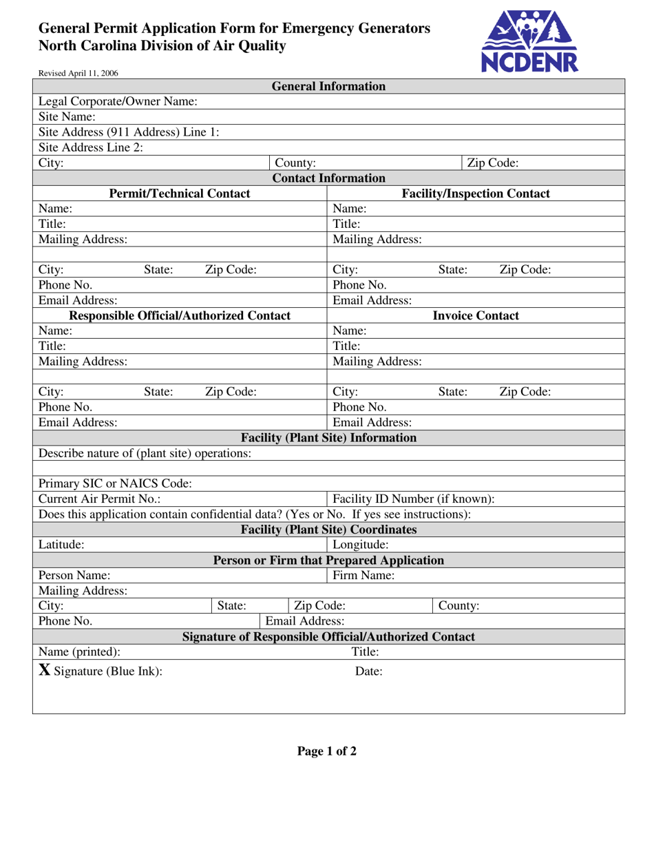 North Carolina General Permit Application Form for Emergency Generators ...