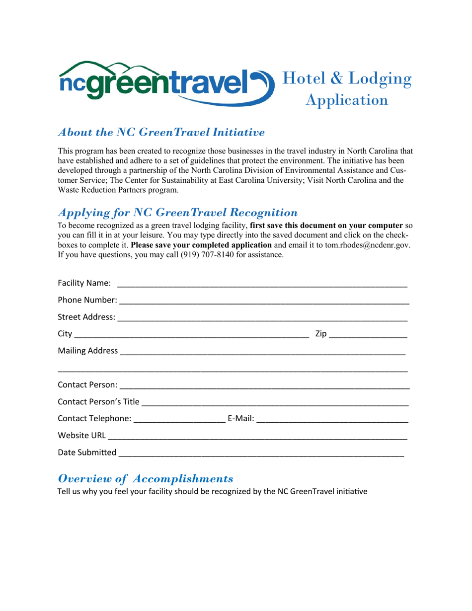 North Carolina Hotel & Lodging Application Form - North Carolina Green Travel Program - Fill Out ...
