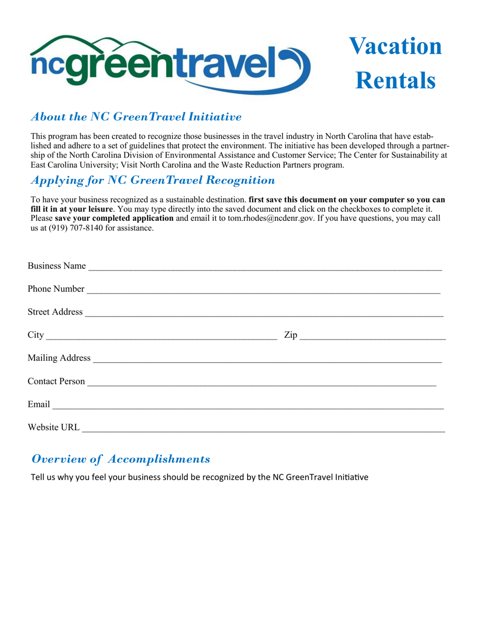 North Carolina Vacation Rentals Application Form - North Carolina Green ...