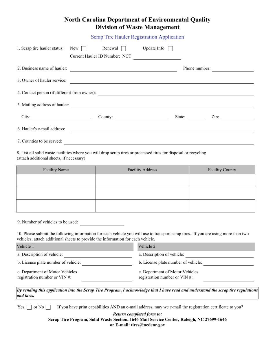 North Carolina Scrap Tire Hauler Registration Application Form - Fill ...