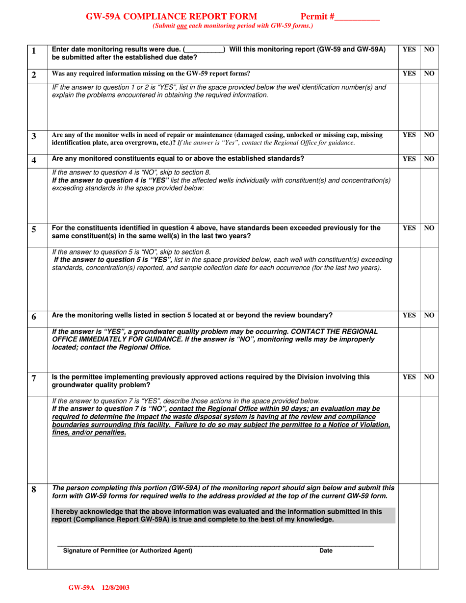 Form GW-59A - Fill Out, Sign Online and Download Printable PDF, North ...