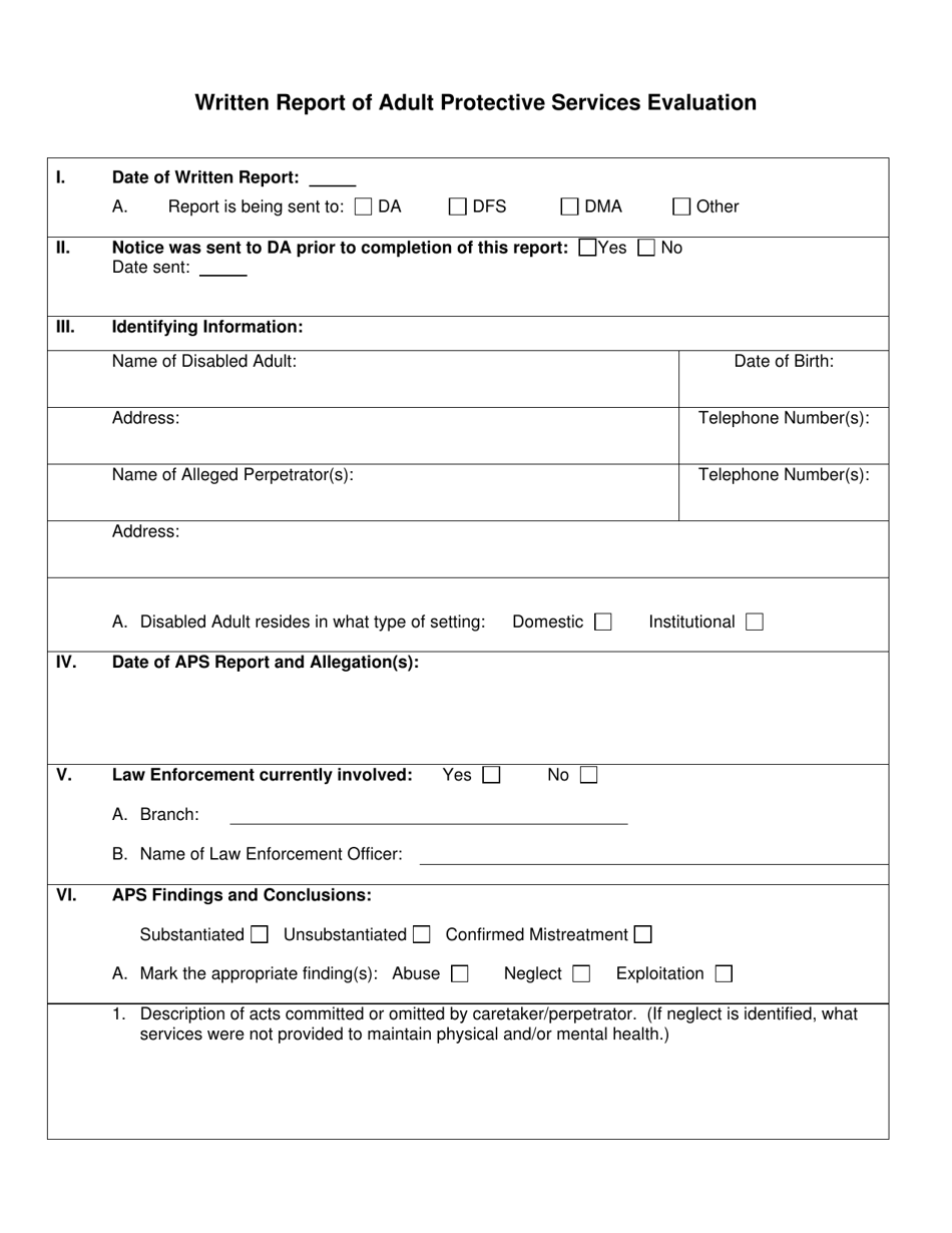 North Carolina Written Report of Adult Protective Services Evaluation ...