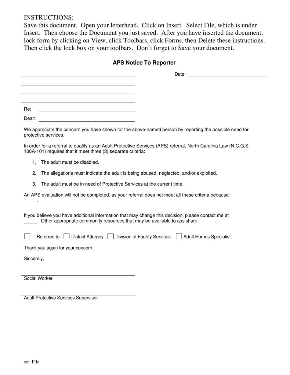 North Carolina Aps Notice to Reporter Screened out - Fill Out, Sign ...