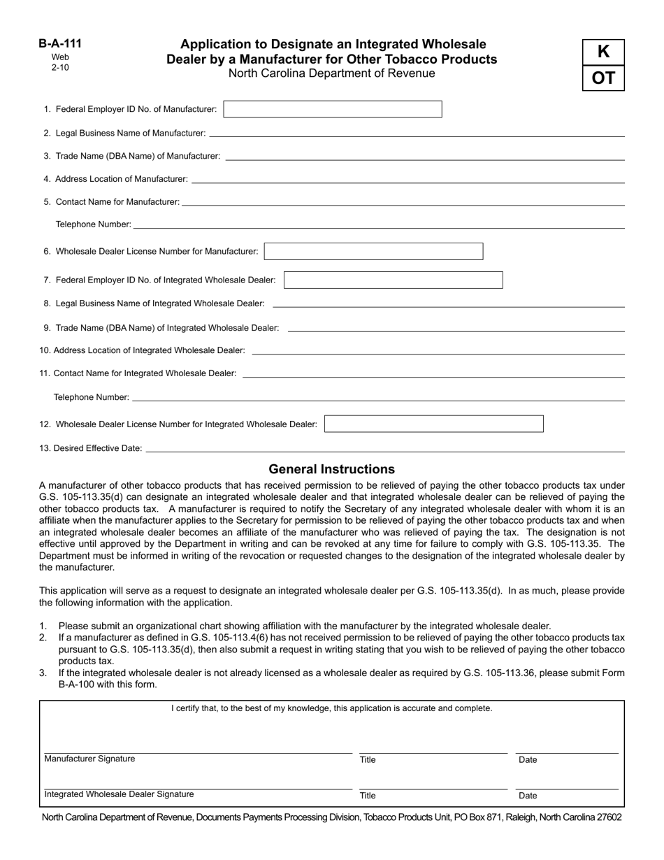 Form B-A-111 - Fill Out, Sign Online and Download Printable PDF, North ...