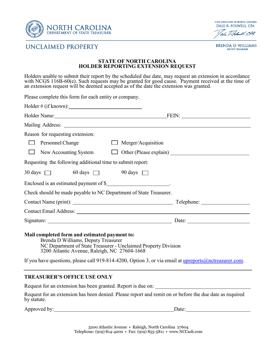 North Carolina Holder Reporting Extension Request Form - Fill Out, Sign ...