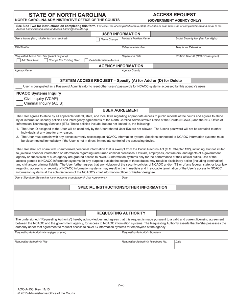 Form AOC-A-153 - Fill Out, Sign Online and Download Fillable PDF, North ...