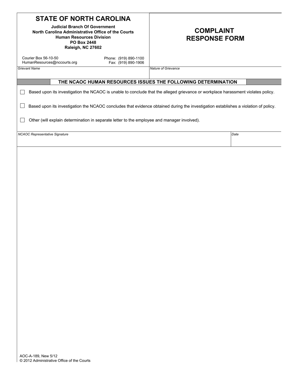 Form AOC-A-189 - Fill Out, Sign Online and Download Fillable PDF, North ...