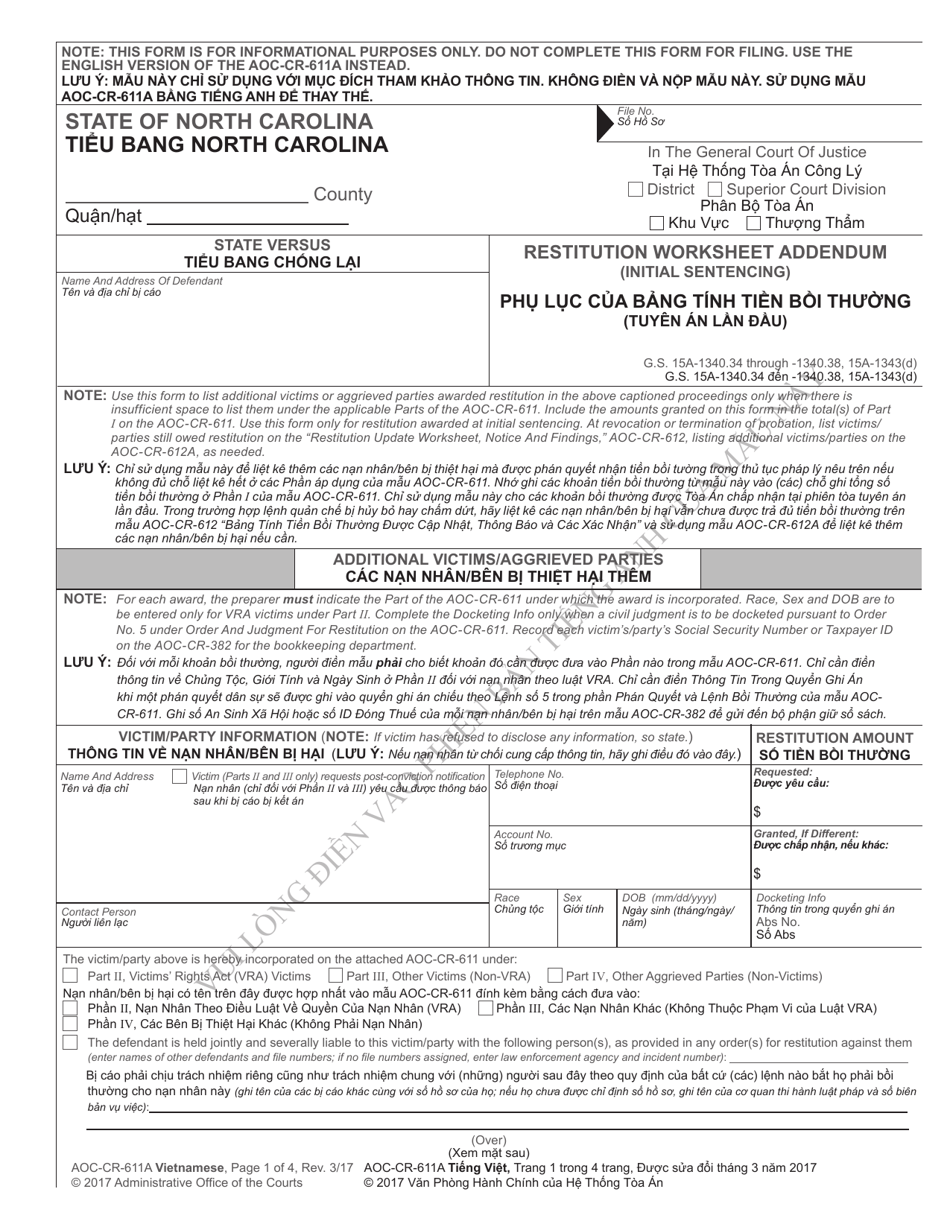 Form AOC-CR-611A Download Printable PDF or Fill Online Restitution ...