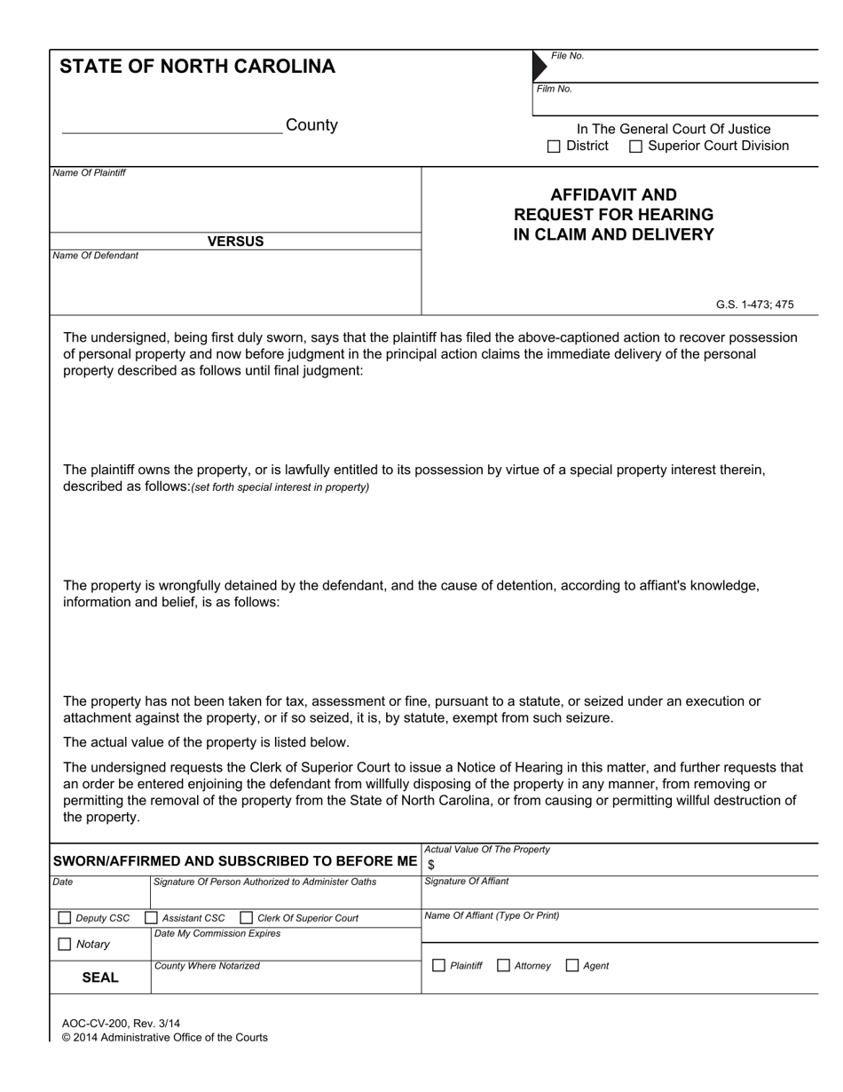 Form AOC-CV-200 Download Fillable PDF or Fill Online Affidavit and Request for Hearing in Claim ...