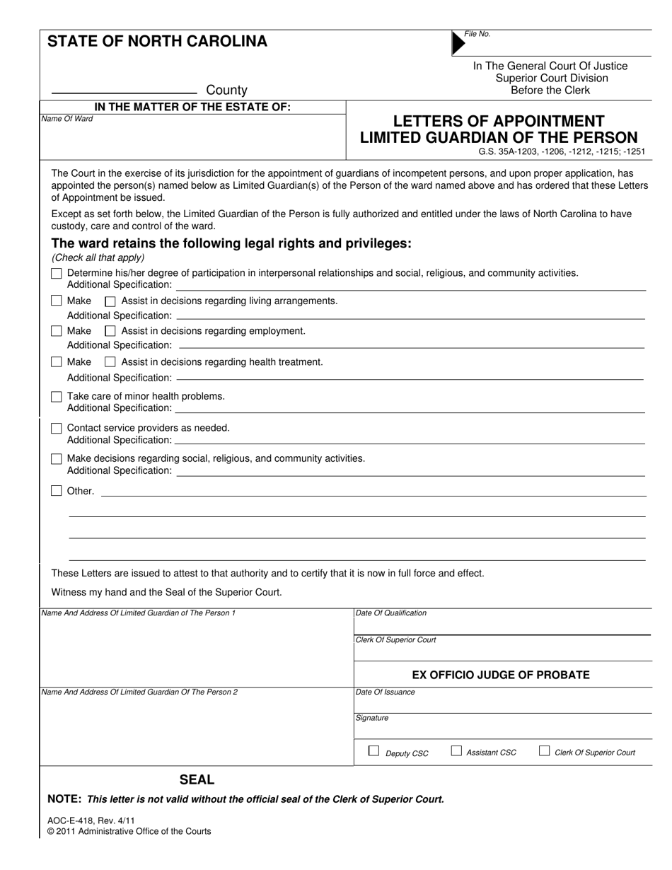 Form AOC-E-418 - Fill Out, Sign Online and Download Fillable PDF, North ...