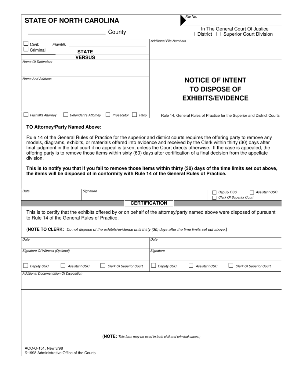 Form AOC-G-151 - Fill Out, Sign Online and Download Fillable PDF, North ...