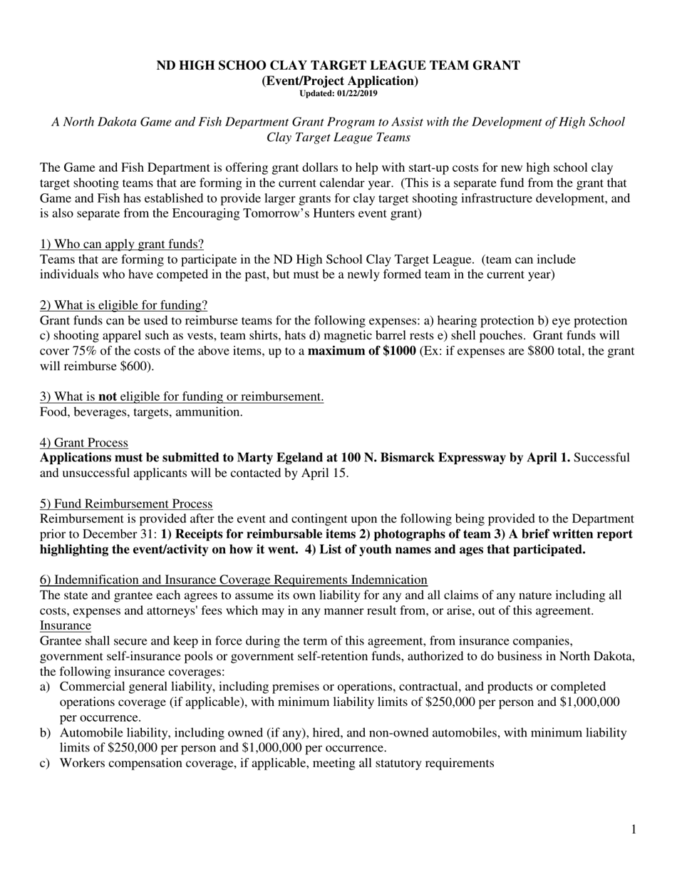 North Dakota Nd High School Clay Target League Team Grant Event/Project ...