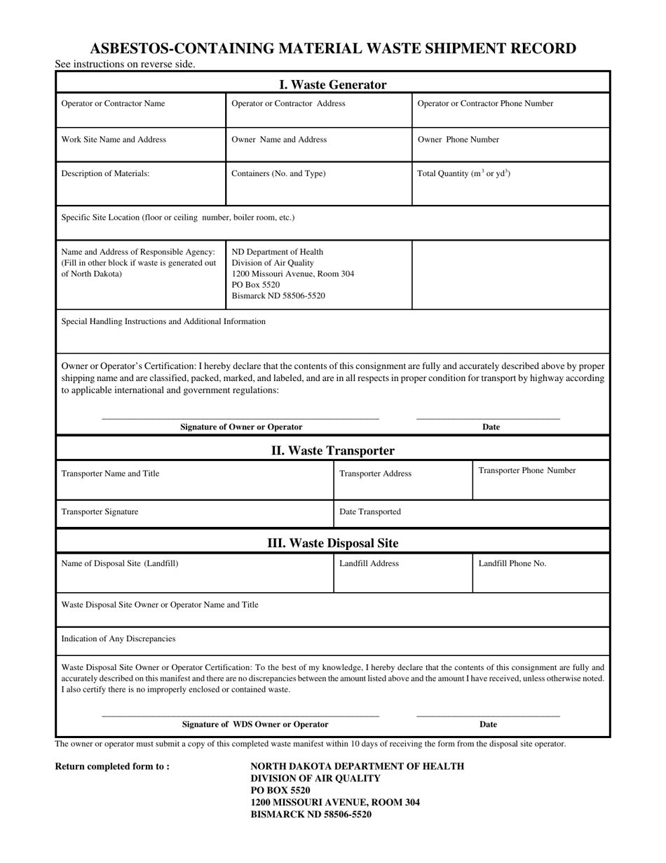 North Dakota Asbestos-Containing Material Waste Shipment Record Form ...