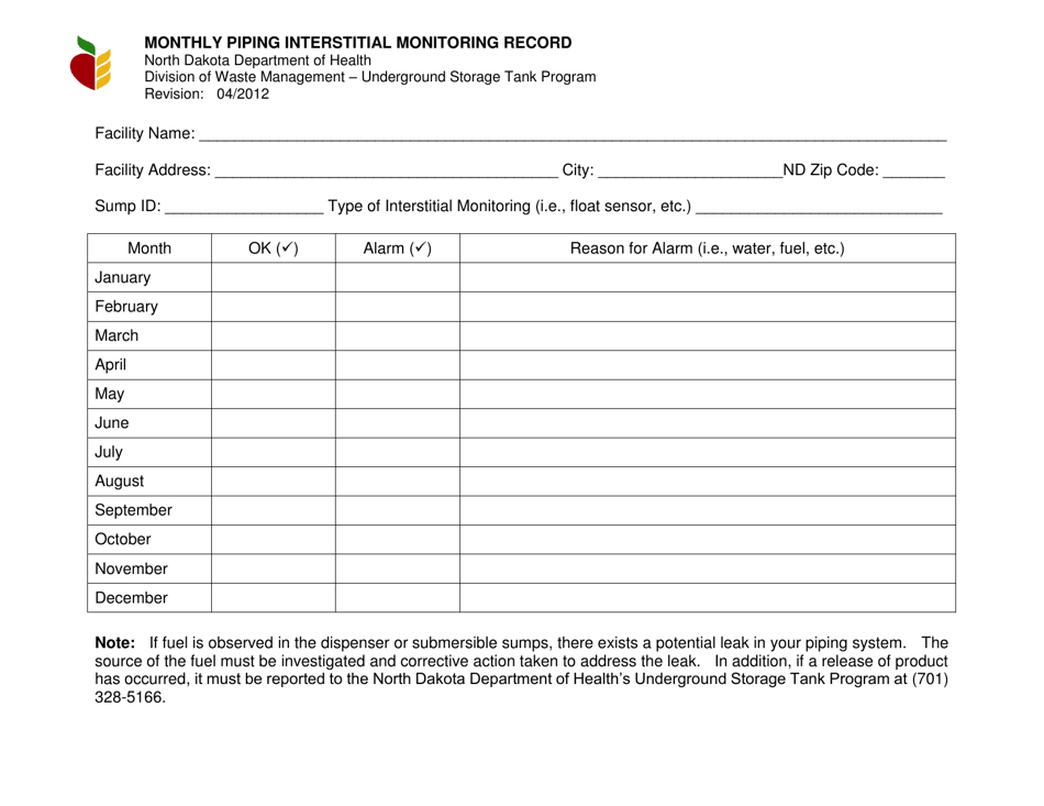 North Dakota Monthly Piping Interstitial Monitoring Record Form - Fill ...