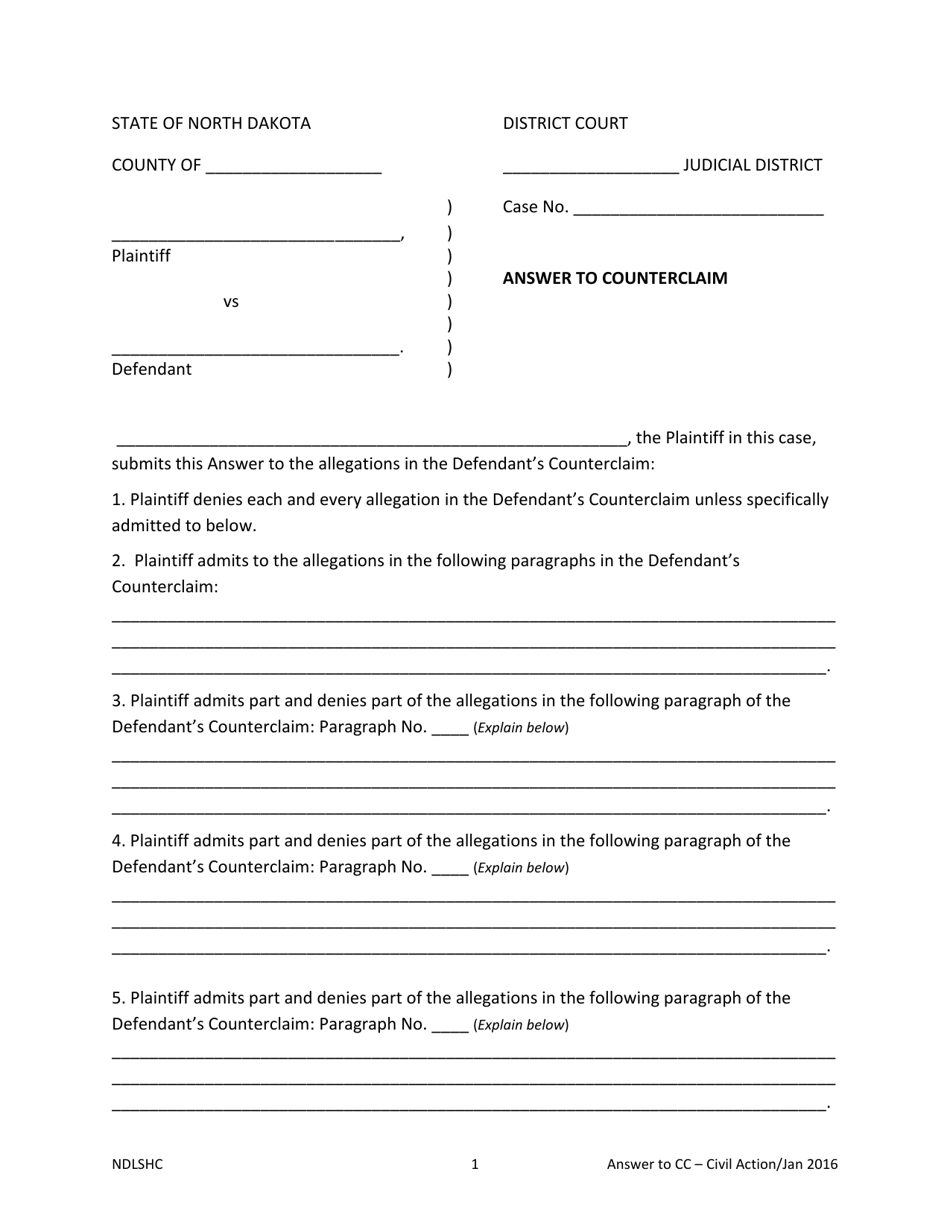 North Dakota Answer to Counterclaim - Civil Action - Fill Out, Sign ...