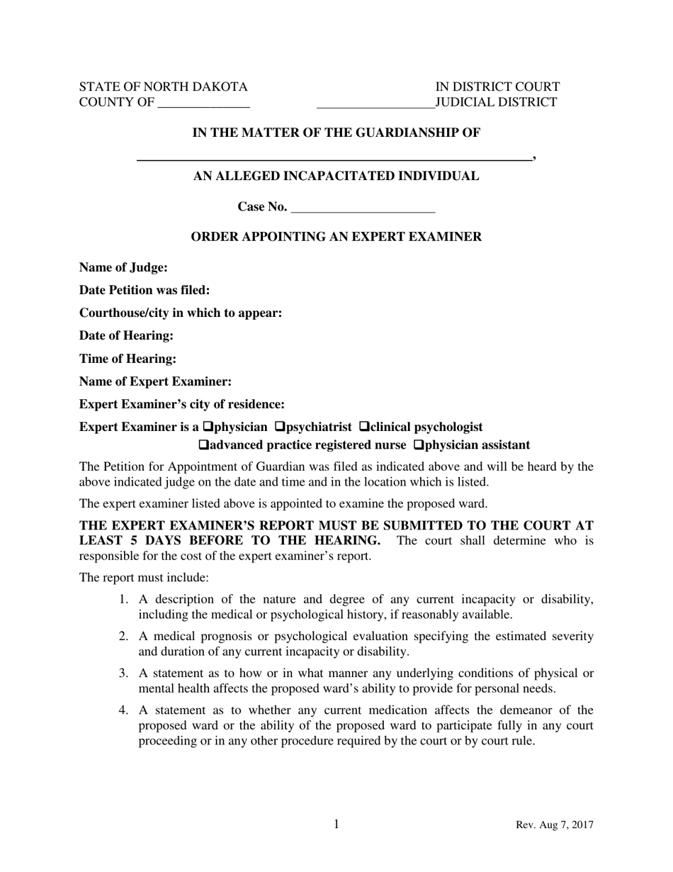 North Dakota Order Appointing an Expert Examiner - Fill Out, Sign ...