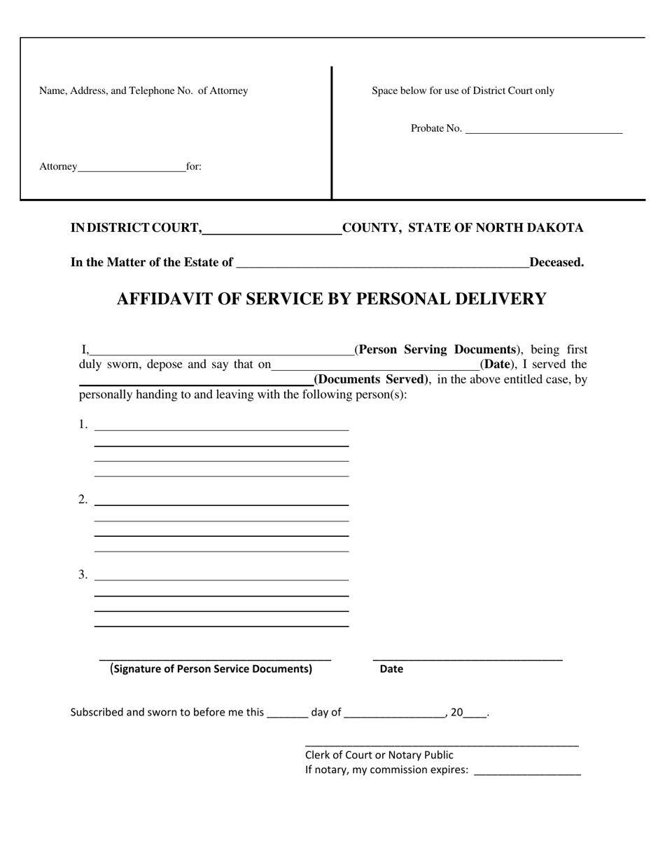 North Dakota Affidavit of Service by Personal Delivery - Fill Out, Sign ...