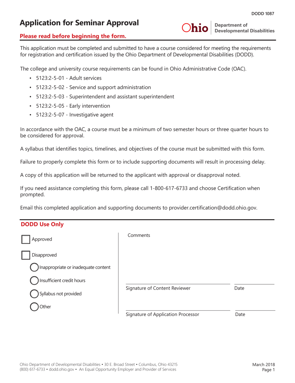Form DODD1087 - Fill Out, Sign Online and Download Fillable PDF, Ohio ...