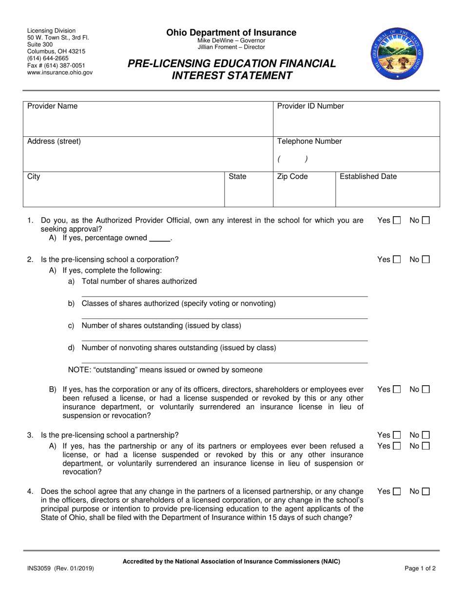 Form INS3059 - Fill Out, Sign Online and Download Fillable PDF, Ohio ...