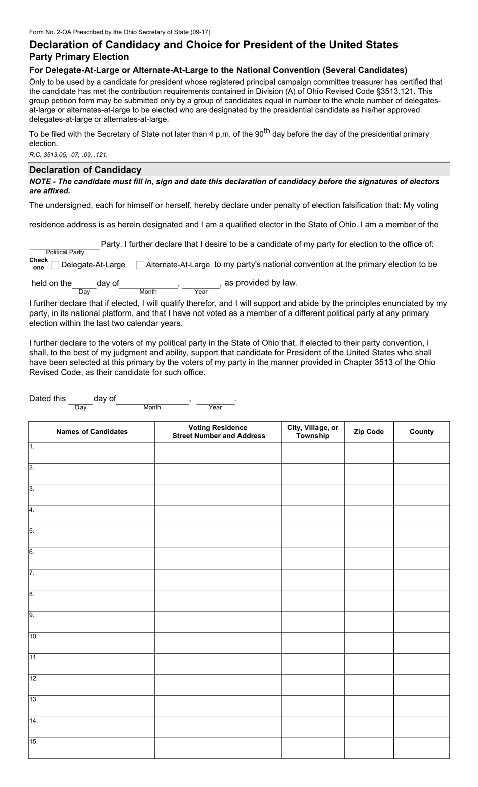Form 2-OA - Fill Out, Sign Online and Download Fillable PDF, Ohio | Templateroller